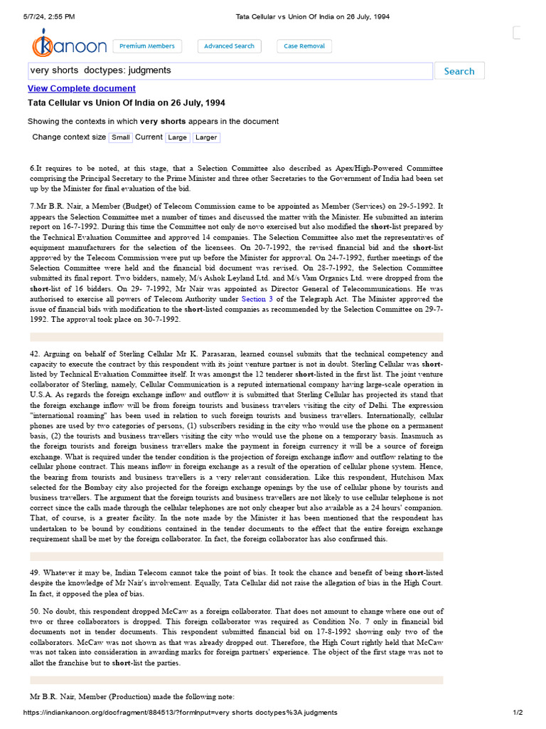Tata Cellular Vs Union of India On 26 July, 1994 | PDF | Foreign ...