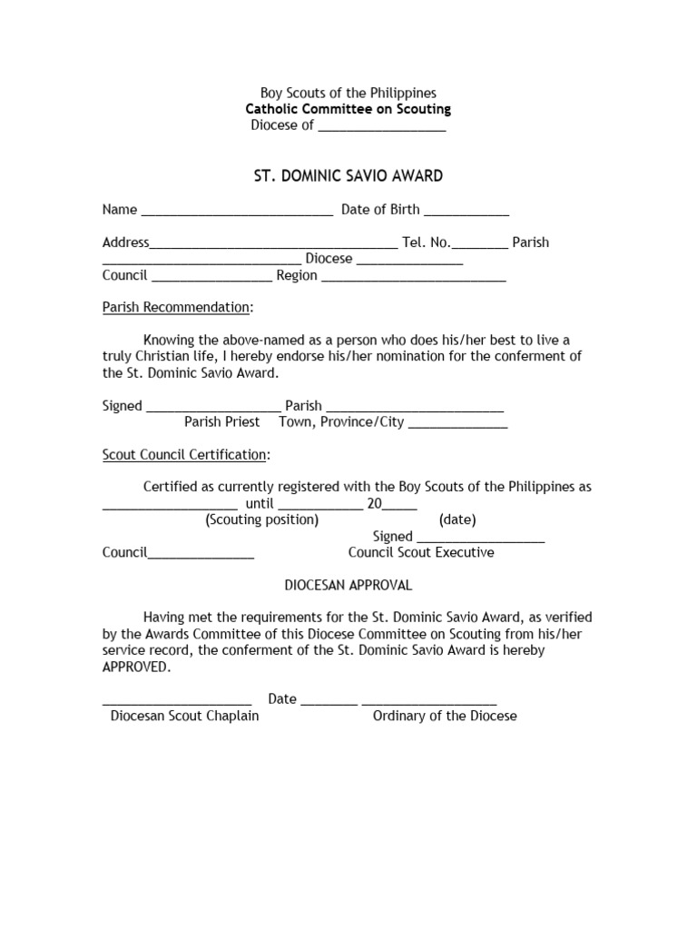 St. Dominic Savio Award Guidelines | PDF | Diocese | Catholic Church
