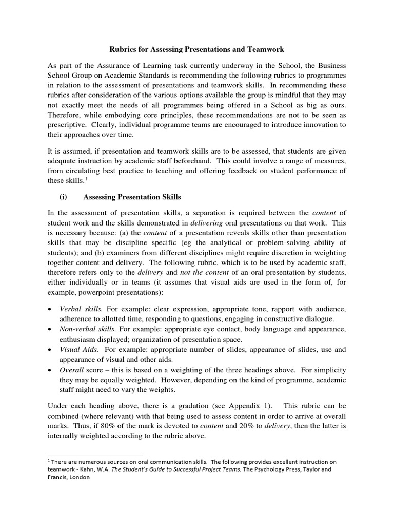 CUBS Rubrics For Assessing Presentations and Teamwork | PDF | Rubric ...