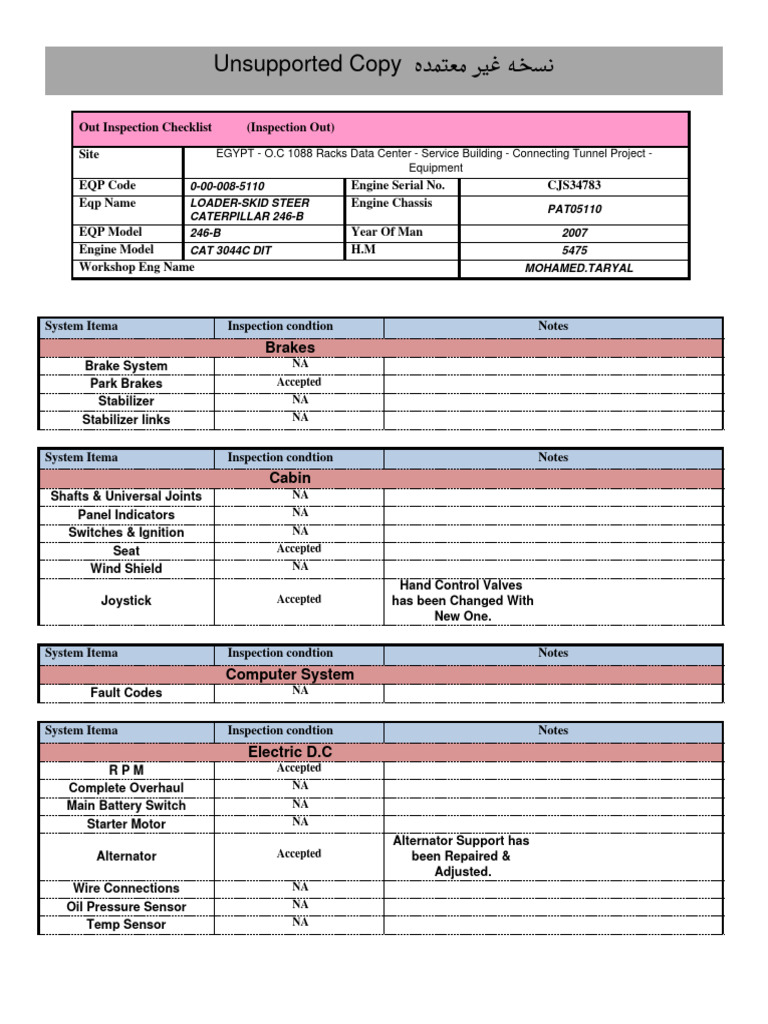 Equipment Inspection Checklist for Caterpillar 246-B | PDF | Vehicle ...