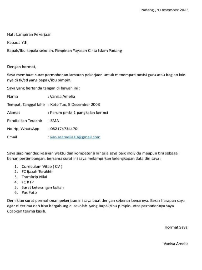 Berkas Lamaran TK Atau SD | PDF