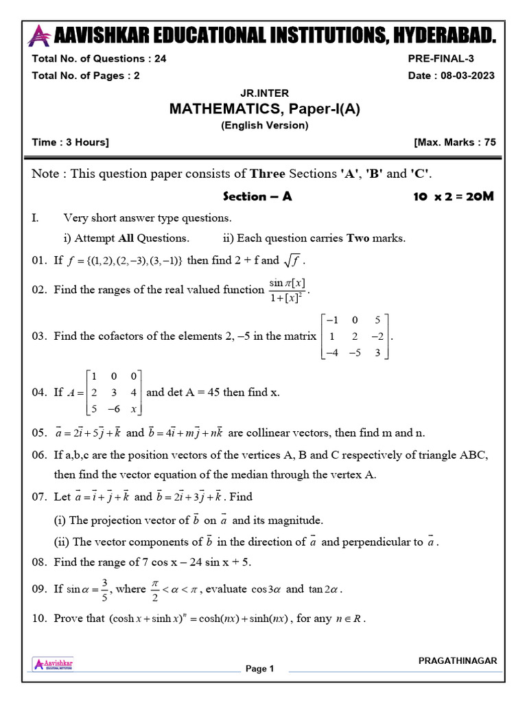 JR - Inter - Maths 1a - Pre Final 03 - Paper - 08 03 2023 | PDF | Triangle | Elementary Geometry