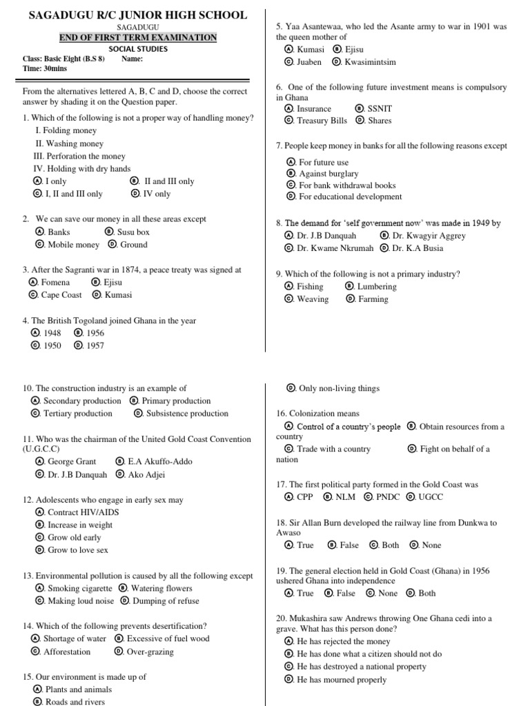 JHS 2 Social Studies Exam Questions | PDF | Ghana