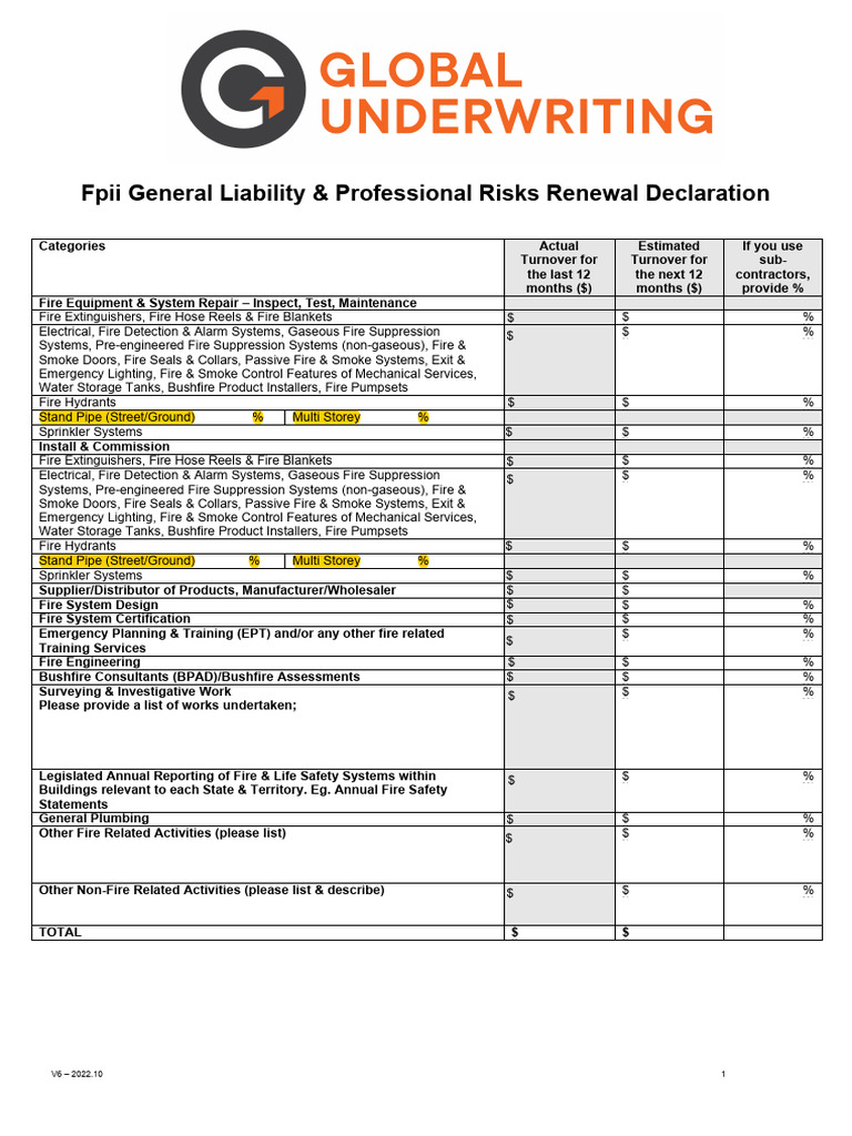 Global UW Fpii GL & PI Renewal Declaration | PDF | Insurance | Firefighting