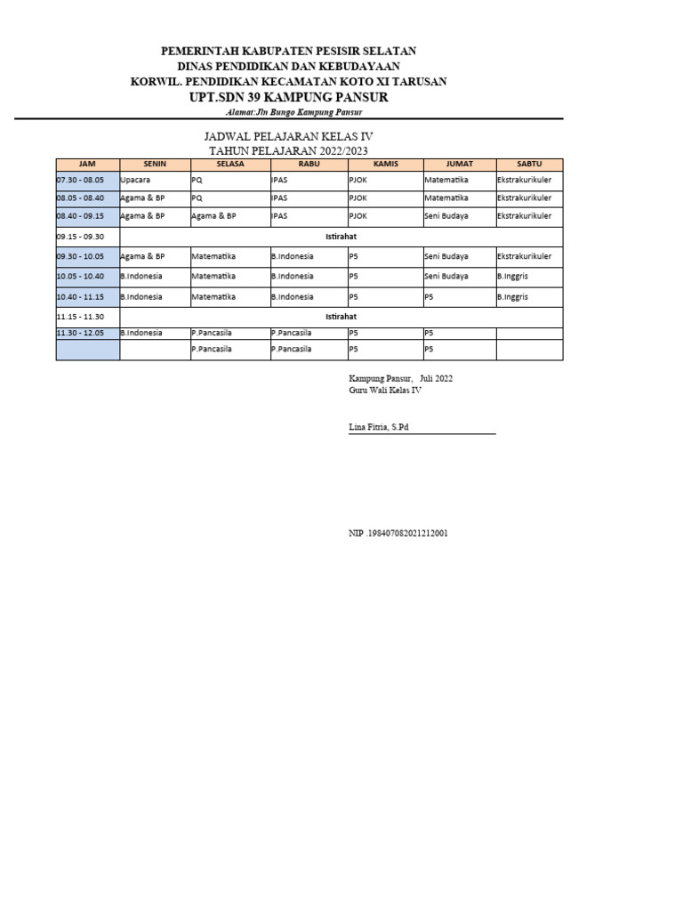 Jadwal Pelajaran Kelas 4 Kurikulum Merdeka Pdf