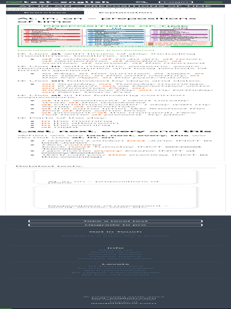 At, in, on – prepositions of time – Test-English | PDF | Observances