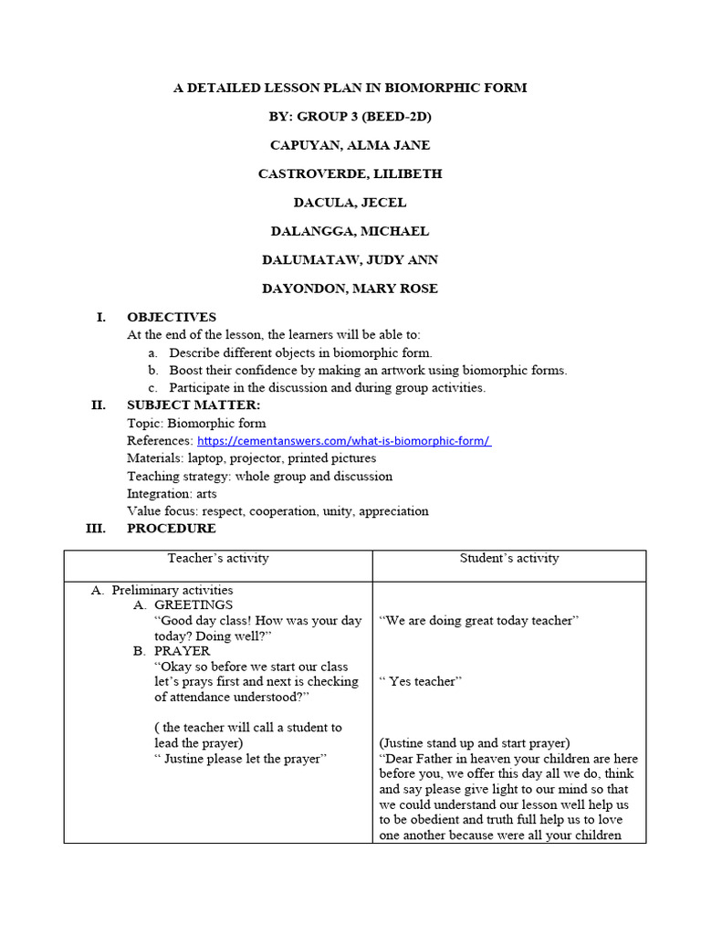 A Detailed Lesson Plan in Biomorphic Form | PDF | Shape | Lesson Plan