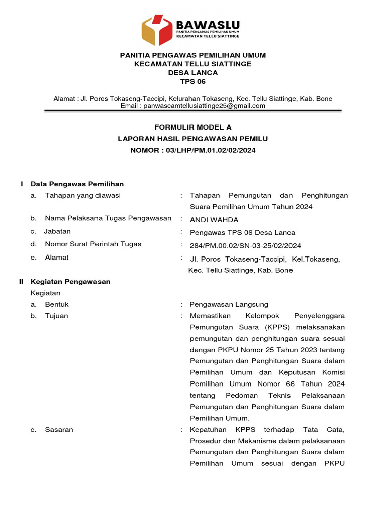 Form A - Pungut Hitung Suara Pengawas TPS 06 Desa Lanca | PDF