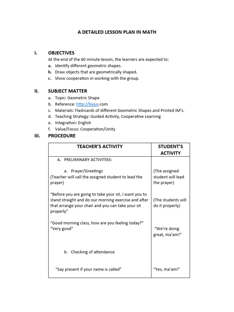 Math Lesson: Geometric Shapes | PDF | Shape | Lesson Plan