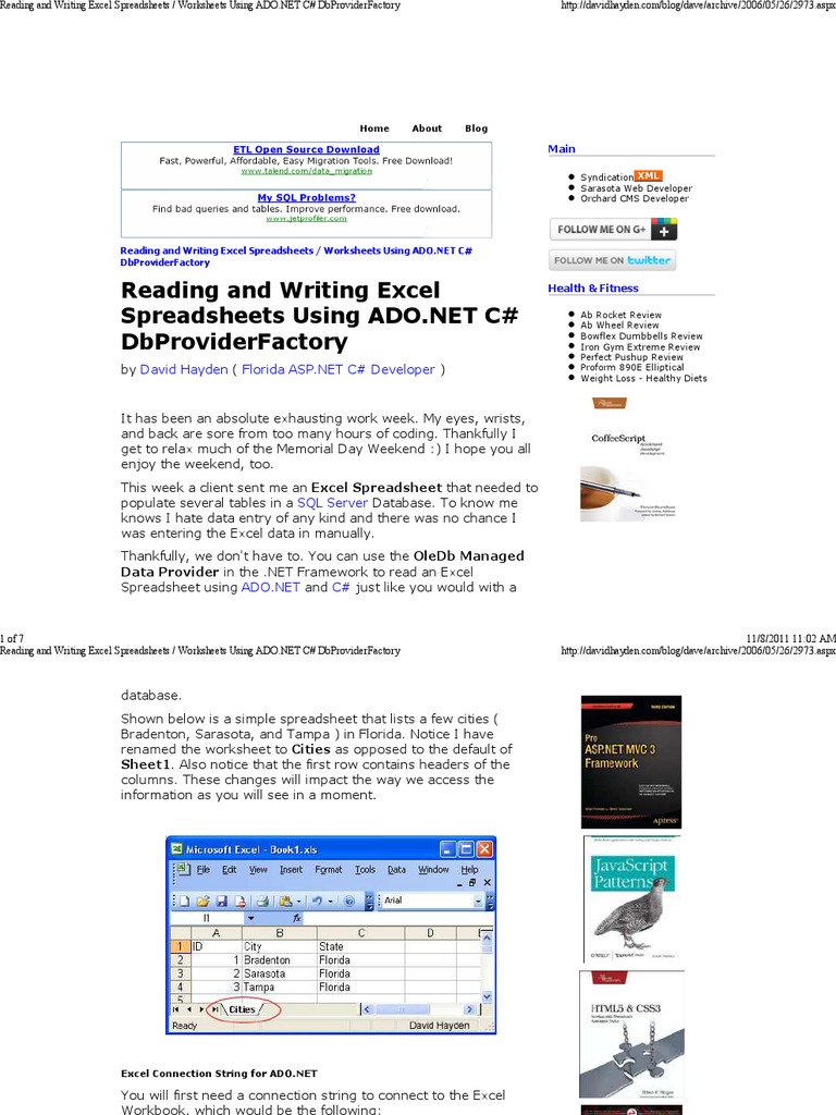 Reading and Writing Excel Spreadsheets - Worksheets Using ADO - Net C# DbProviderFactory | PDF ...
