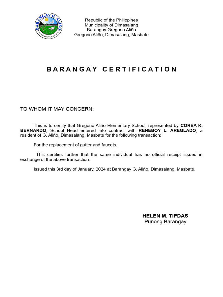 Barangay Certification | PDF