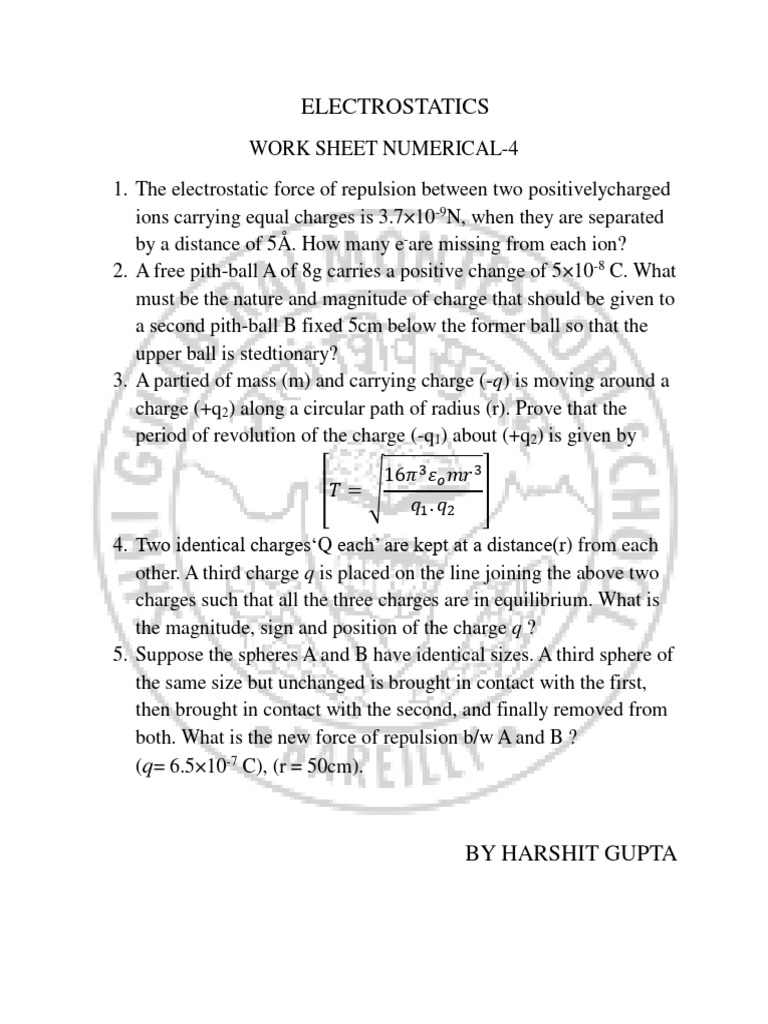 Electrostatics Numerical Problems Worksheet | PDF