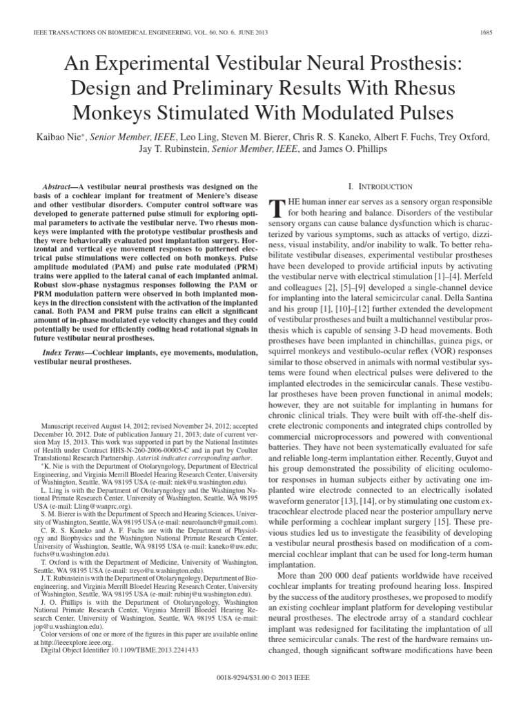 An Experimental Vestibular Neural Prosthesis | PDF | Vestibular System | Prosthesis