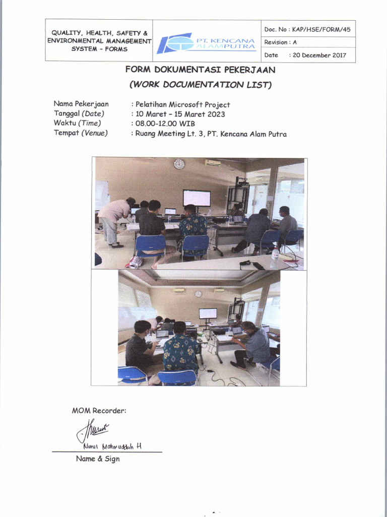 Dokumentasi Pekerjaan Training Microsoft Project | PDF