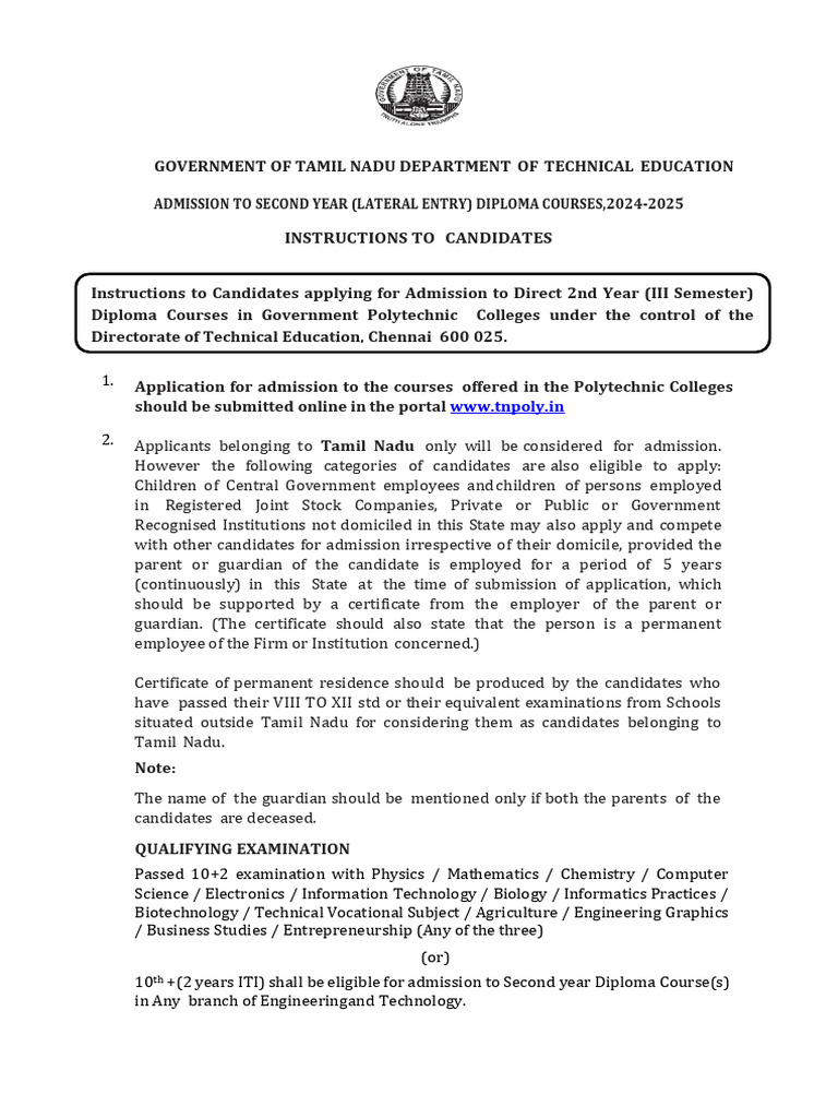 Lateral Entry Instructions To Candidates 2024-25 | PDF | University And ...