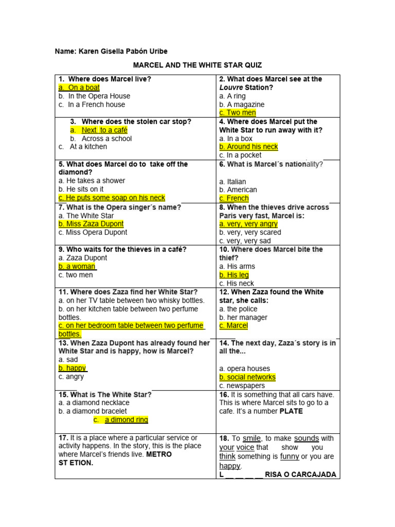 Marcel and the White Star Quiz | PDF