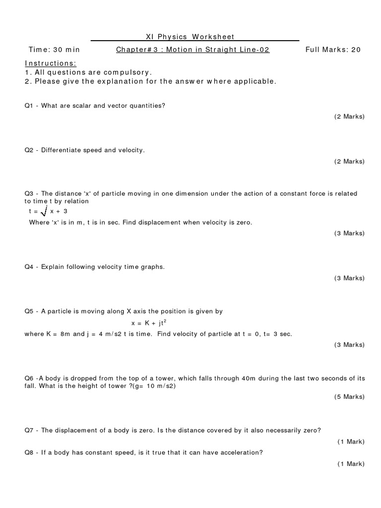 CBSE Class 11 Physics Worksheet - Motion in Straight Line | PDF