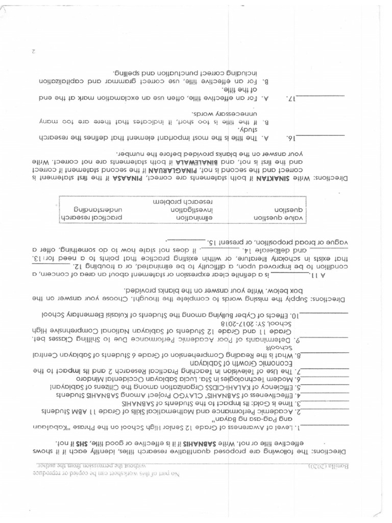 Worrk Sheet Practical Research 3 | PDF
