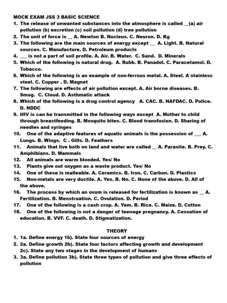 Jss 3 Basic Science Mock Question | PDF | Law