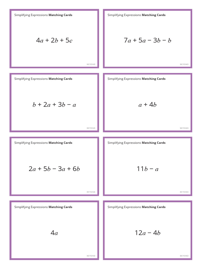 Simplifying Expressions Matching Cards Pdf