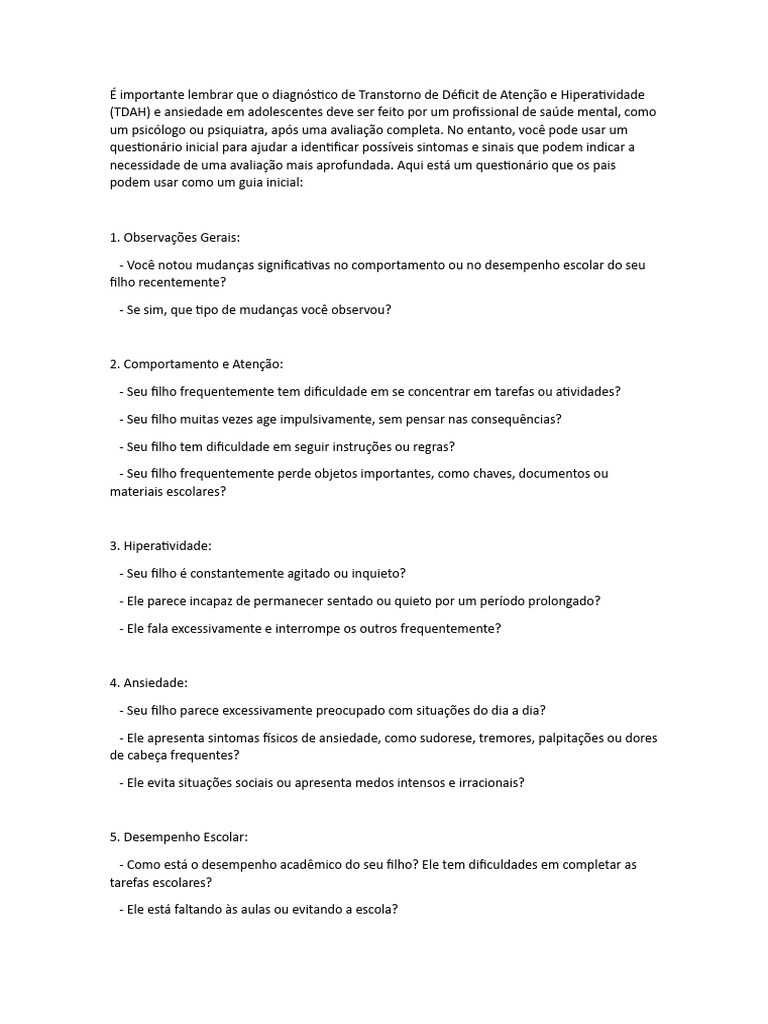 Questionario para Pais Tdah | PDF | Transtorno de déficit de atenção e ...