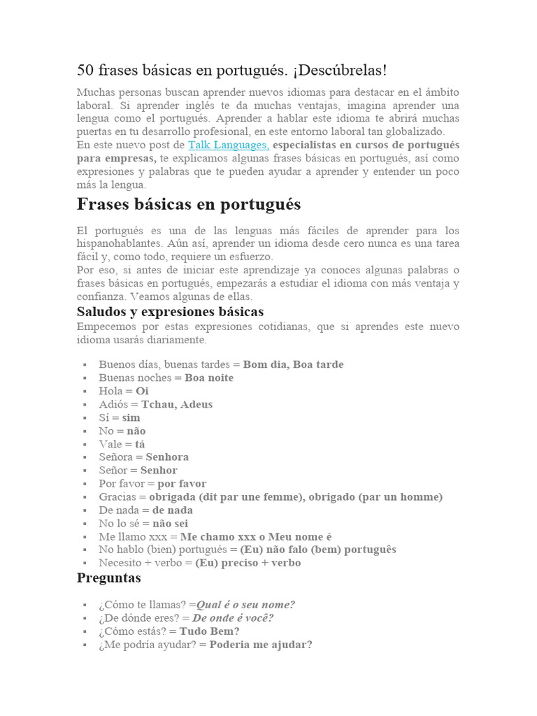 50 Frases Básicas en Portugués | PDF | Idiomas | Estudios de idiomas ...