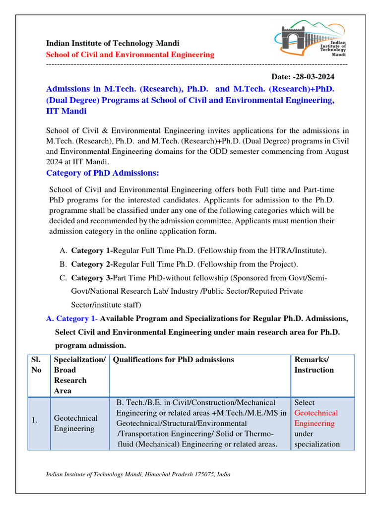 IIT Mandi M.Tech & PhD Admissions 2024 | PDF | Academic Degree | Doctor ...