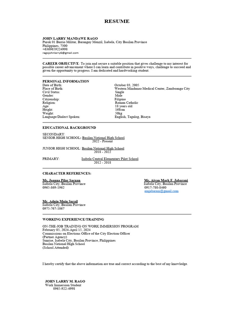 Resume For My Immersion | PDF