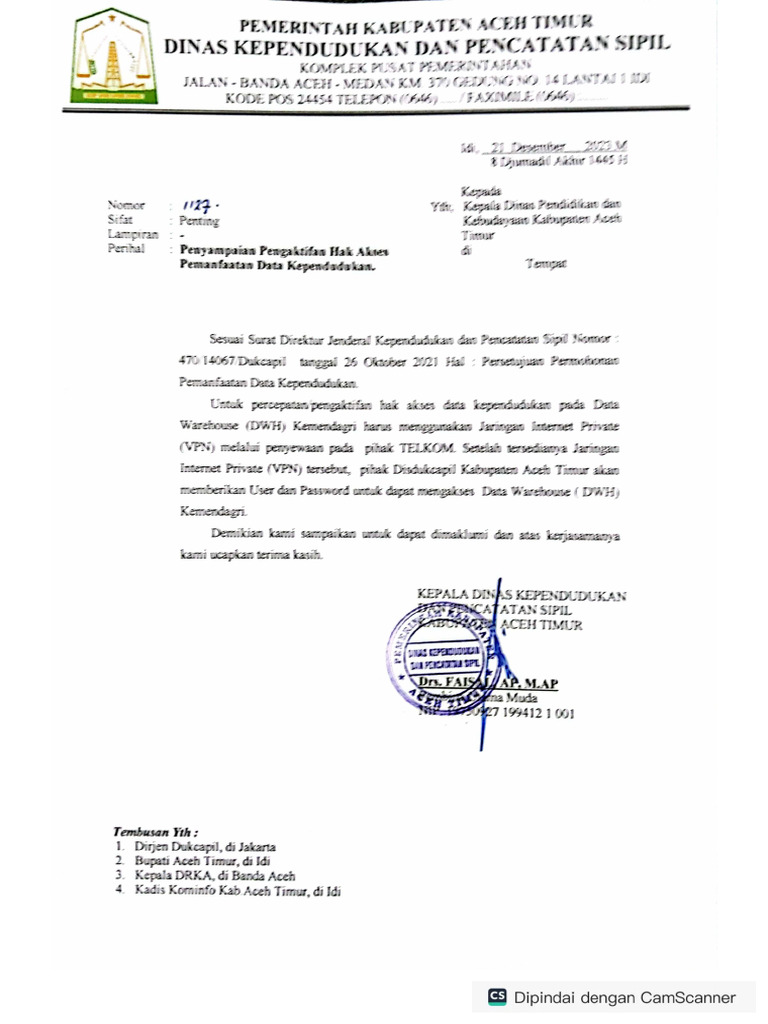 Srt. Penyampaian Pengaktifan Hak Akaess Pemanfaatan Data Kependudukan | PDF