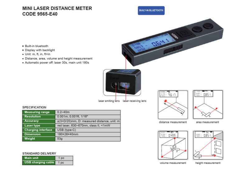 Mini Laser Distance Meter CODE 9565-E40: Specification | PDF | Optics ...