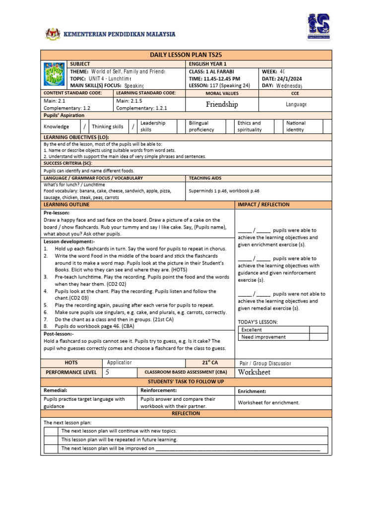 BI Y1 LP TS25 (Unit 4 LP 117-160) | PDF | Lesson Plan | Vocabulary