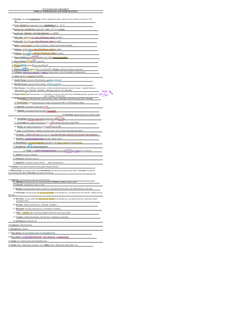 NCM 101 Health Assessment Medical Terminilogies and Their Meanings ...