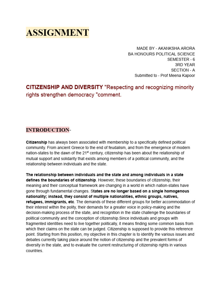 Citizenship and Diversity Assignment | Download Free PDF | Multiculturalism | Citizenship