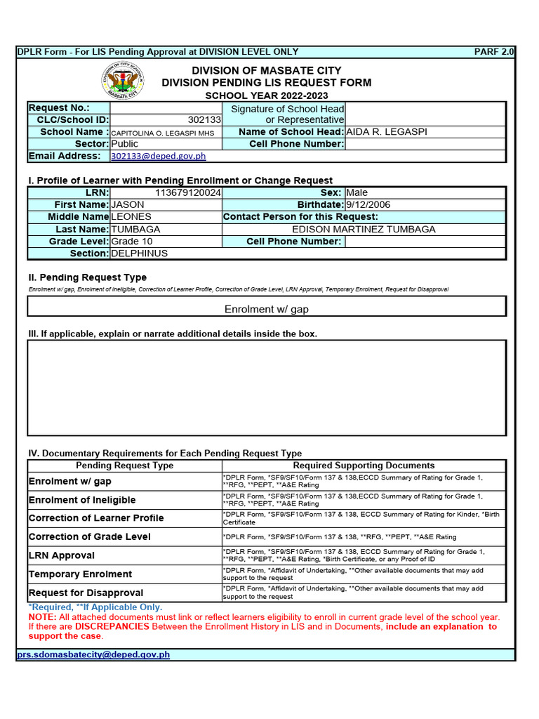 Division Pending LIS Request Form | PDF