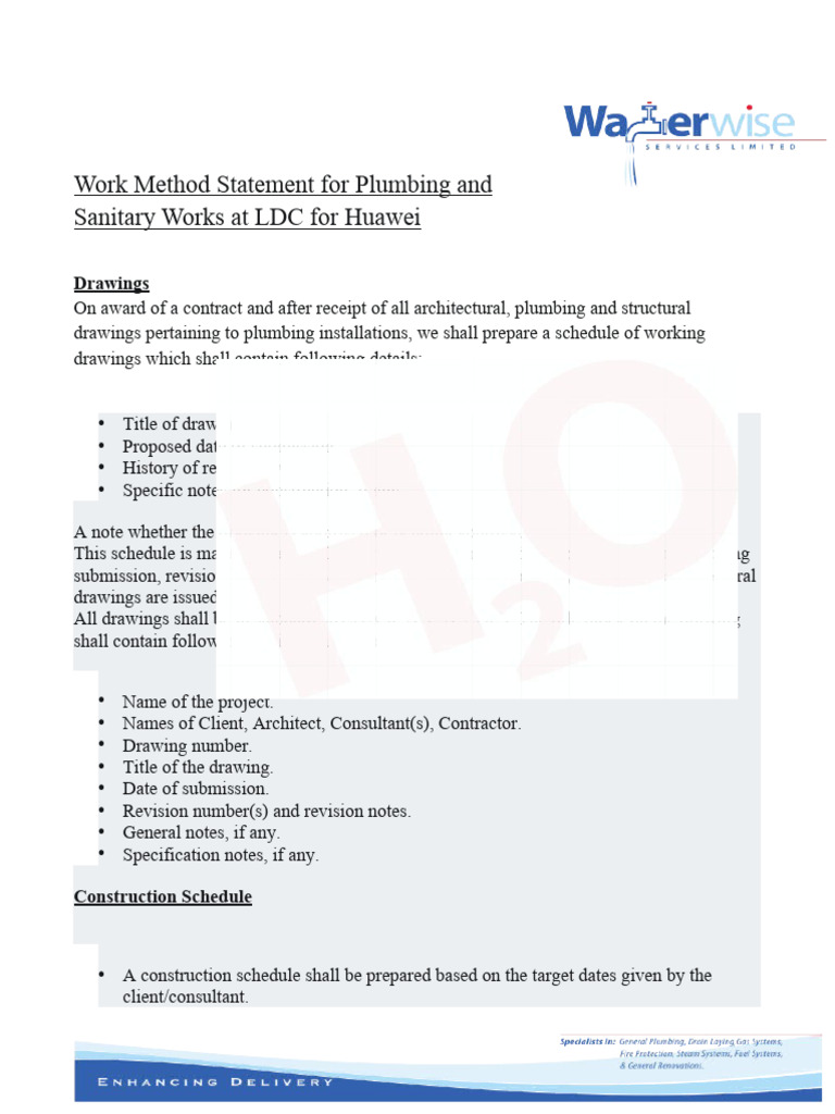 Technical Method Statement Plumbing LDC | PDF | Plumbing | Pipe (Fluid ...