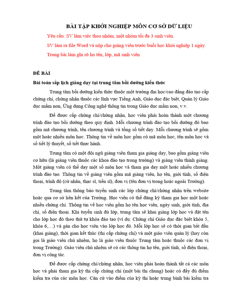 Bai Tap Khoi Nghiep CSDL - Quan Ly Trung Tam BDKT | PDF