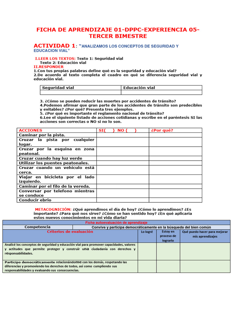Ficha de Aprendizaje-01 - Dpcc-Experiencia 05-2022 | PDF | Seguridad vial | Valores