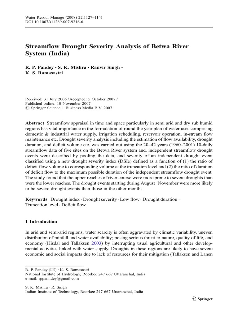 Streamflow Drought Severity Analysis Of Betwa River System India Pdf Stream Drought