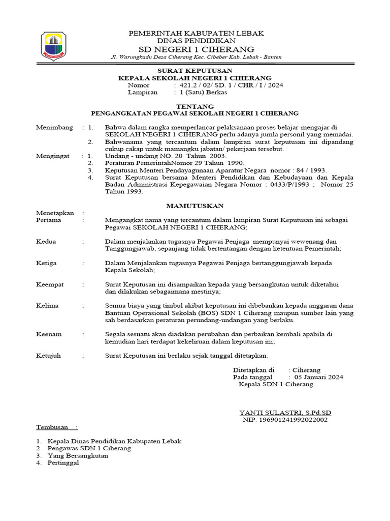 Contoh SK Pengangkatan Guru Honorer | PDF