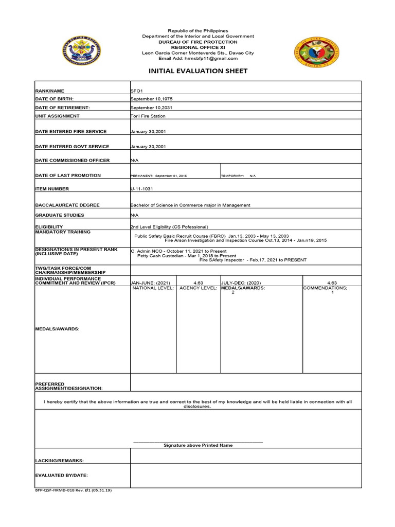 Firefighter Initial Evaluation Sheet | PDF