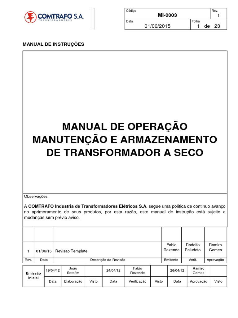 Manual de Operação de Transformadores a Seco | PDF | Transformador ...