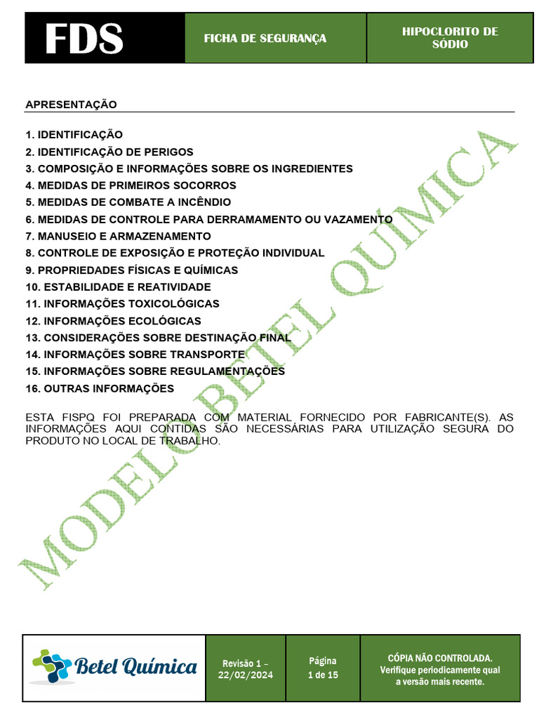 FDS Hipoclorito de Sódio | PDF | Queimadura | Desperdício