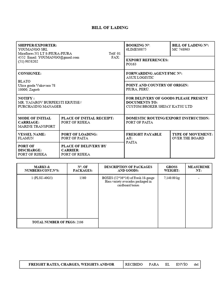 Bill of Lading for Hass Avocados | PDF | Cargo | Bill Of Lading