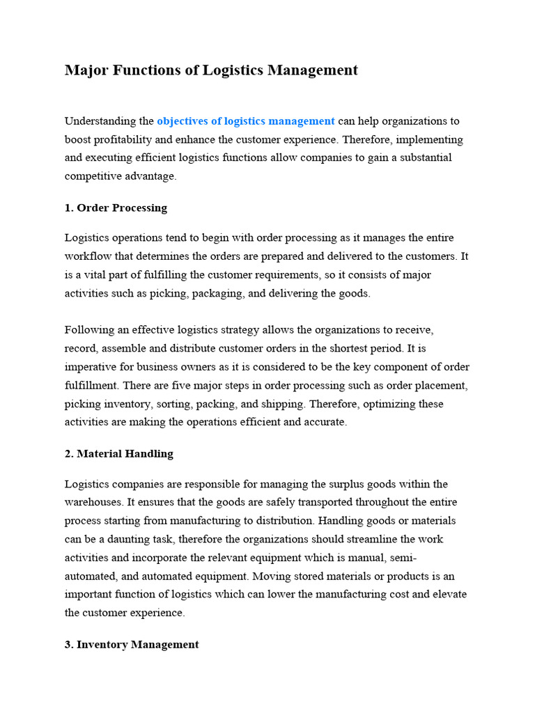 Major Functions of Logistics Management | PDF | Logistics | Warehouse