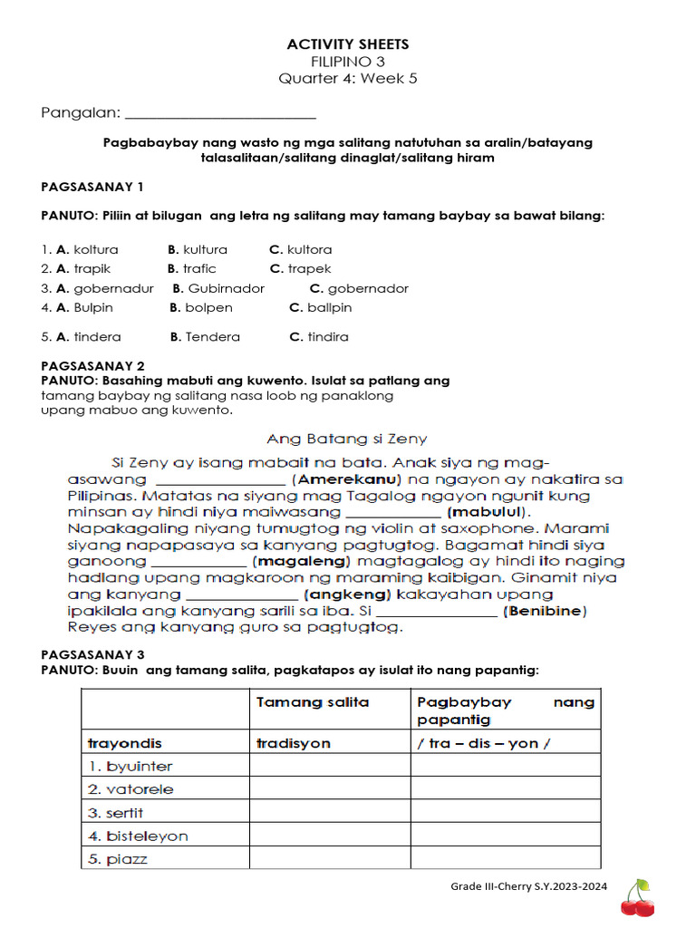 FILIPINO 3 Activity Sheet Q4 W5 | PDF