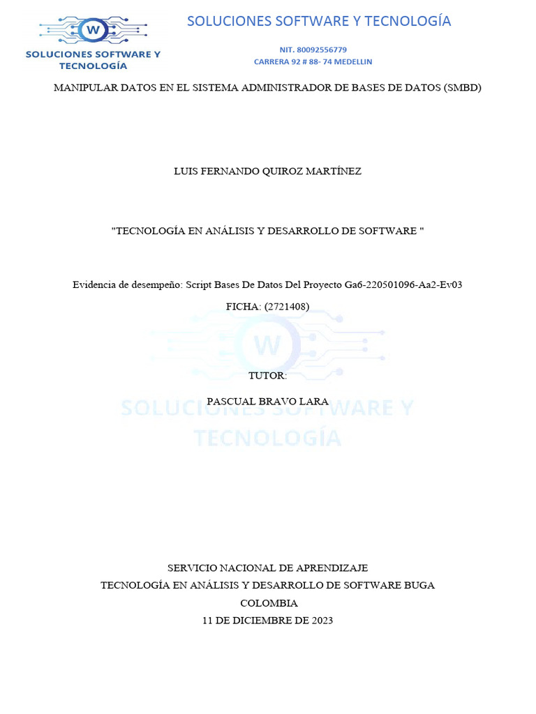 Script Bases de Datos Del Proyecto Ga6-220501096-Aa2-Ev03 | PDF | Bases ...