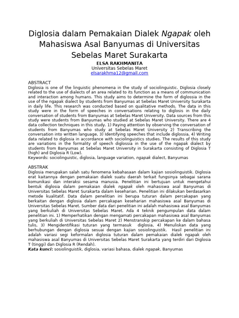 Diglosia Dalam Pemakaian Dialek Ngapak Oleh Mahasiswa Asal Banyumas Di Universitas Sebelas Maret ...