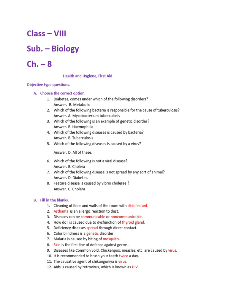 Class - VIII Sub. - Biology Ch. - 8 | PDF | Pathogen | Diseases And Disorders