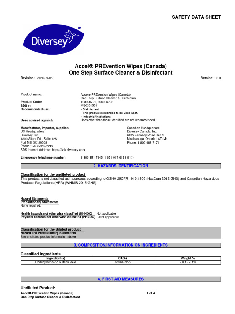 Accel PREvention Wipes Safety Data Sheet | PDF | Resource Conservation ...