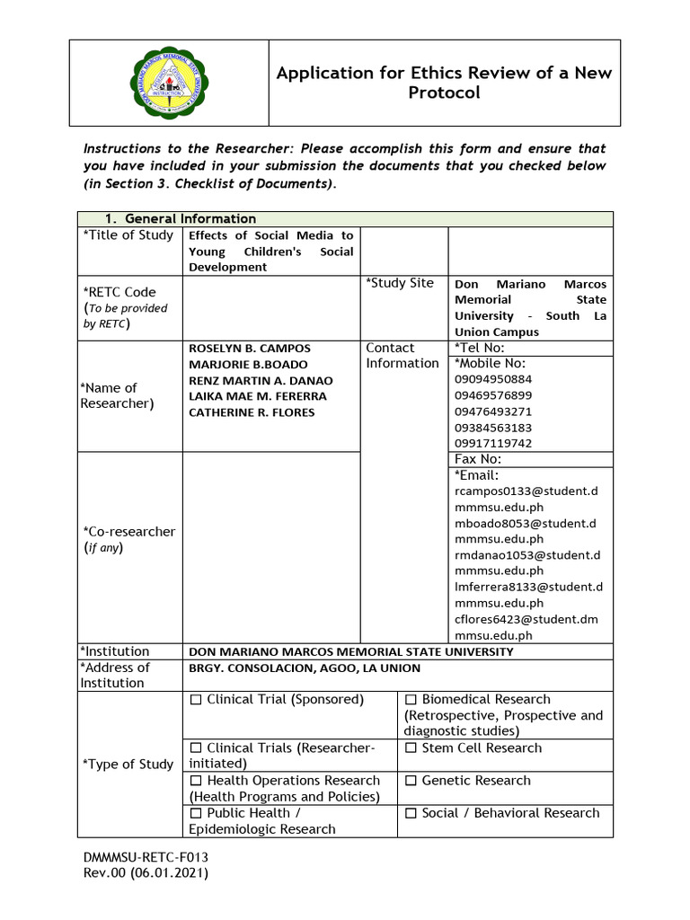 DMMMSU RETC F013 Application For Ethics Review of A New Protocol | PDF ...
